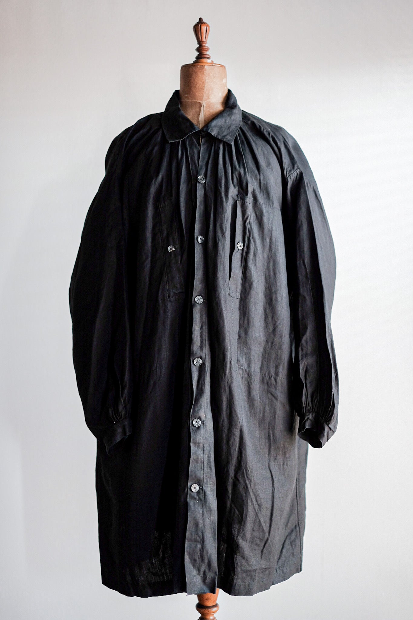 【Early 20th C】French Antique Black Indigo Linen Smock Open Type "Biaud