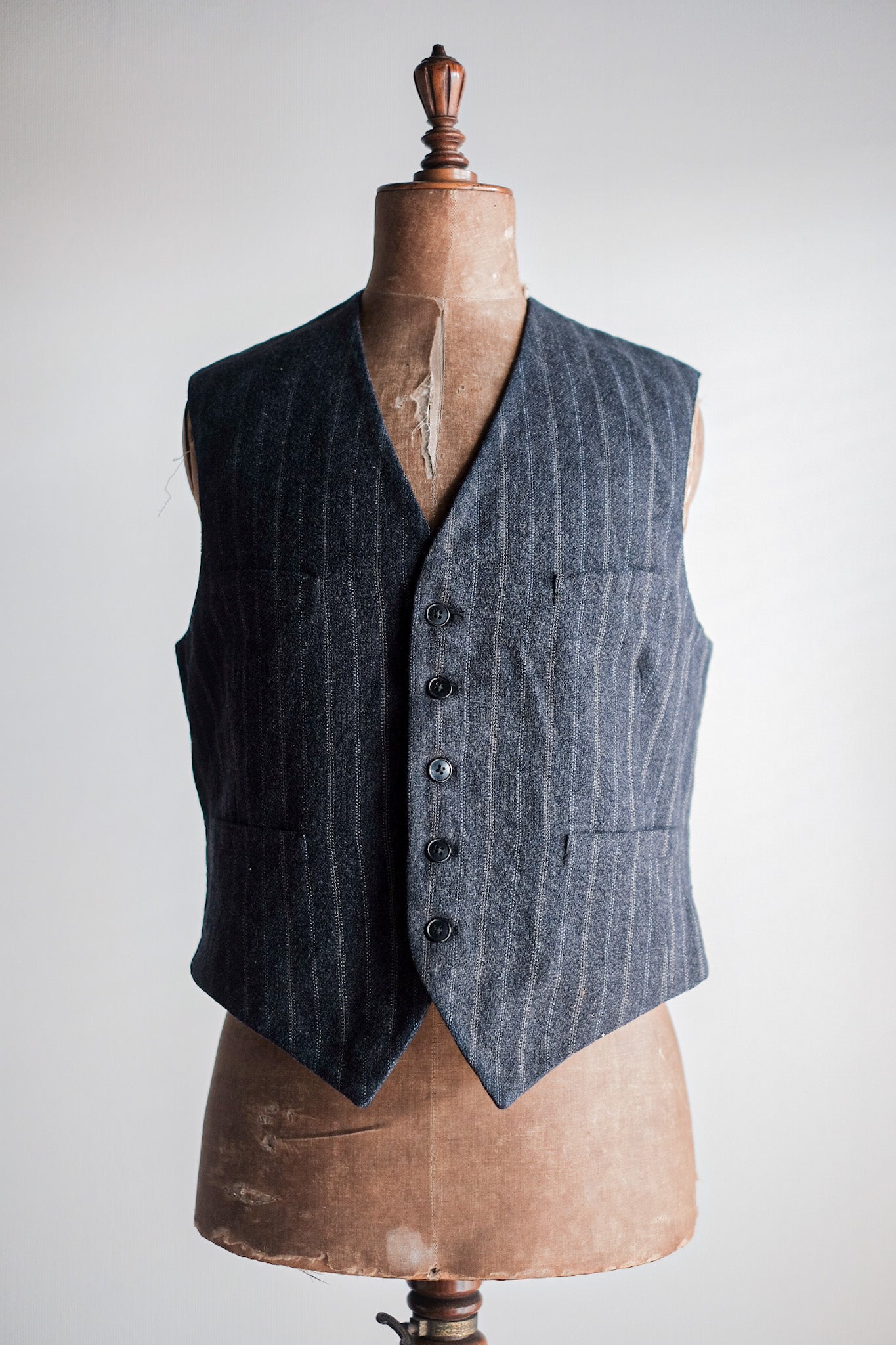 40's】French Vintage Gray Wool Striped Work Gilet
