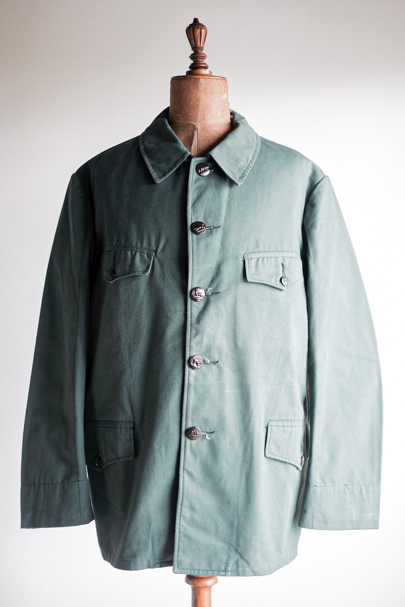 50's】French Vintage Green Cotton Hunting Jacket With Chin Strap "Dea